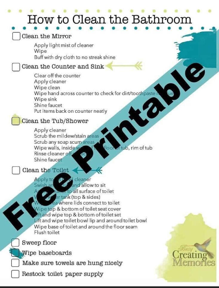How to Clean a bathroom + Bathroom Cleaning Checklist Printable